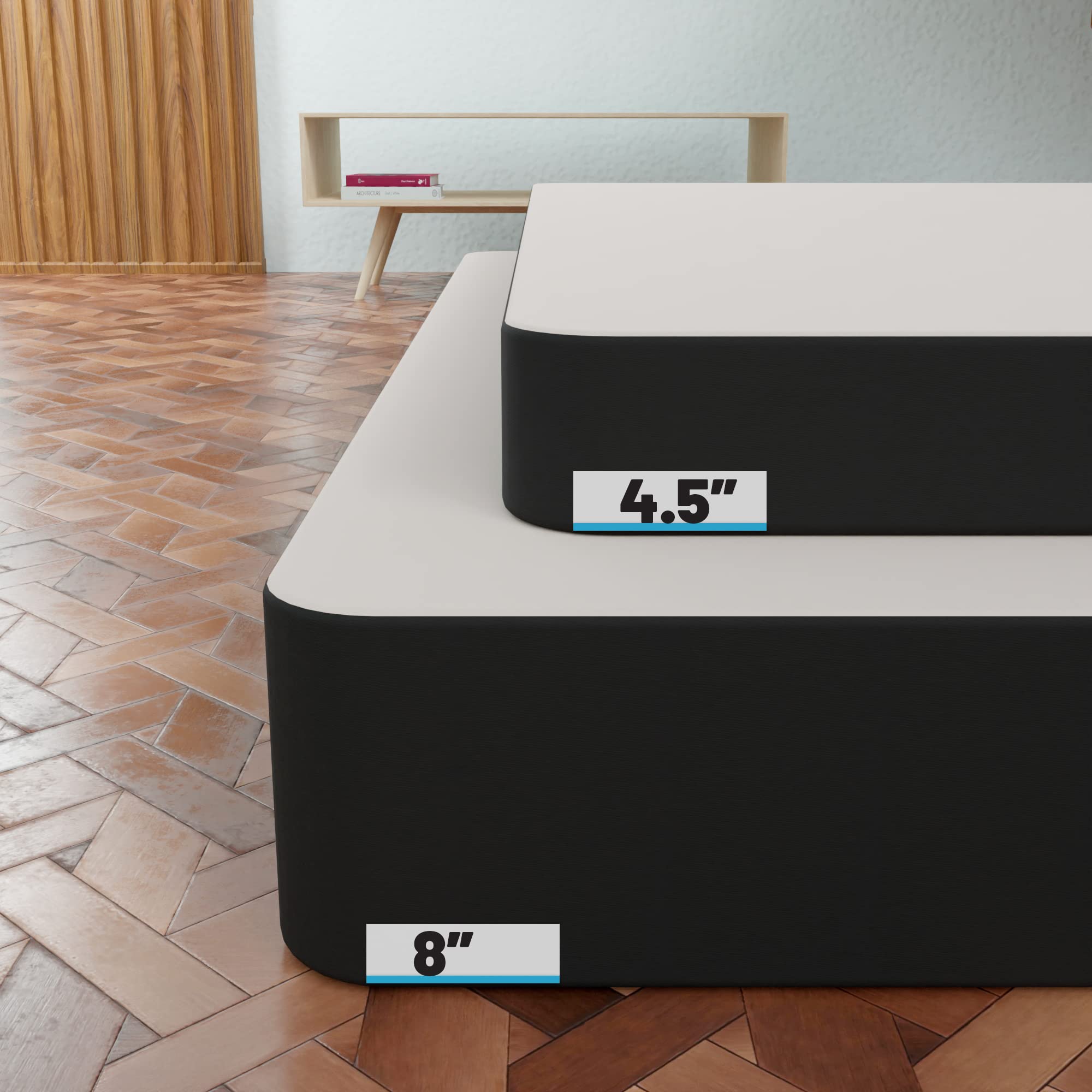 Greaton 8-Inch Full Box Spring/Foundation-Easy Simple Assembly, Durable Strong Wood Structure for Pressure Relief, Mattress Support System, Compact Size for Tight Spaces, Black