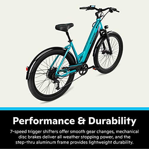 Schwinn Coston CE Hybrid Electric Bike for Adults, 20MPH eBike, Up to 35 miles on a Single Charge, 27.5-Inch Wheels, 7-Speed, Large/X-Large Step-Thru Frame, Gloss Teal
