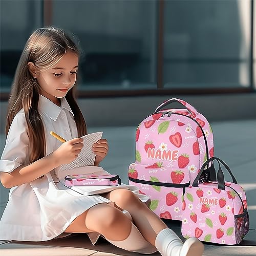 Homexzdiy Personalized Strawberry Backpack with Lunch Box Set for Girls, Custom 3 in 1 School Backpacks Matching Combo, Cute Pink Bookbag and Pencil Case Bundle