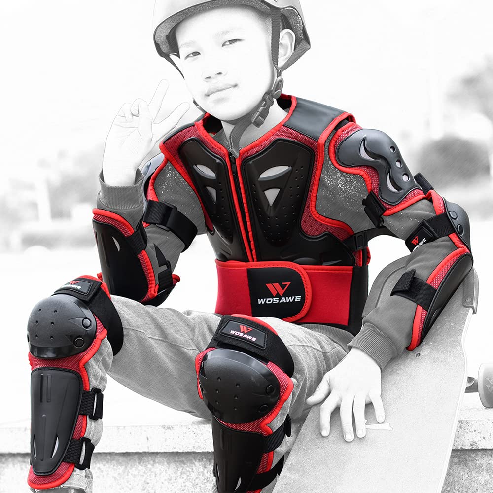WOSAWE Kids Dirt Bike Chest Protector Skating Knee Elbow Pads Youth ATV Spine Protective Gear Kit, Red