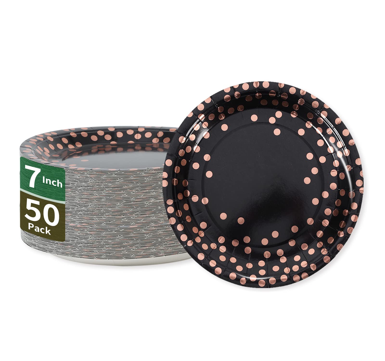 CENLBJ Black & Rose Gold Dots Party Paper Plates, 50 PCS Disposable Party Supplies Dessert Paper Plates for Birthday Party Wedding Graduation Party Supplies (7 inches)
