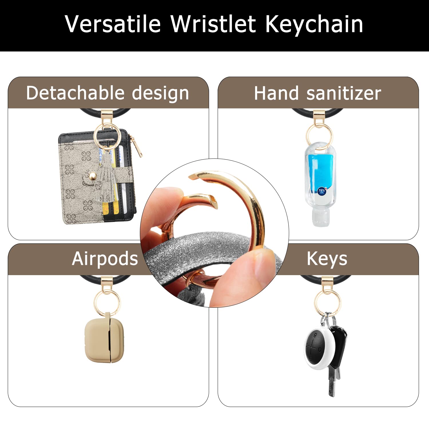 COOLANS Wristlet Bracelet Keychain Pocket Credit Card Holder Purse Tassel Keychain Bangle Key Ring for Women (Silicone Bead Bracelet+Card Purse (Creamy white))