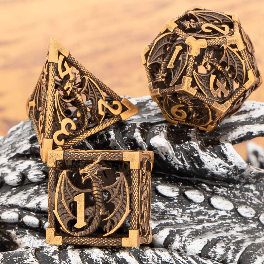 DND Dice Set D&D Dice, RUNFNG Ancient Gold Metal Dungeon Dragon Dice Set Lightweight Balance Roller Hollow Dice Set with Cool Box, Polyhedral Dice Set for Warhammer Shadowrun D20 D12 D10 D8 D6 D4