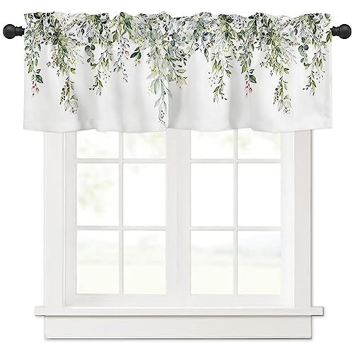 Sage Green Curtain Valance for Windows Watercolor Eucalyptus Leaf Rod Pocket Valance Window Treatments Plant Leaves with Floral Short Curtains for Kitchen Bathroom Bedroom 54 x 18 inch