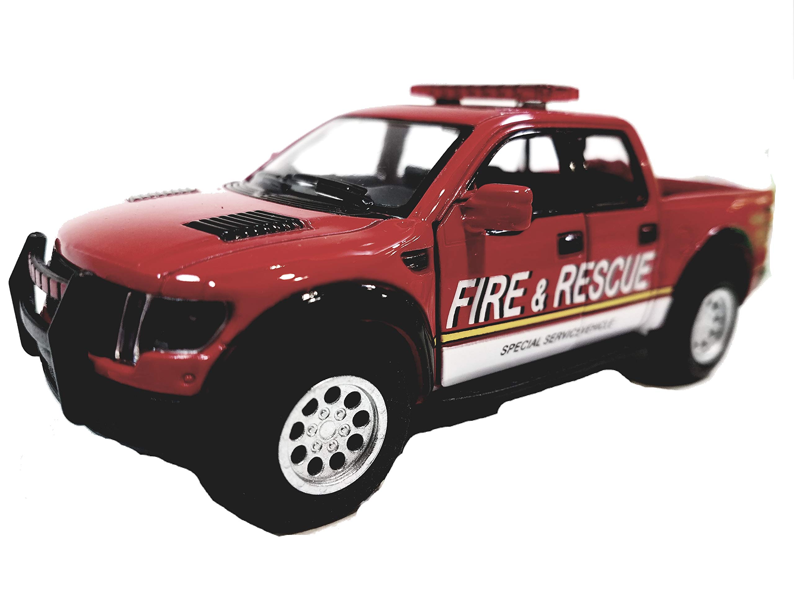 KiNSMART 🚨 2013 Ford F-150 SVT Raptor Supercrew Fire Rescue Edition 1:46 Scale 5inch Die Cast Metal Model Toy Rescue Fire Trucks