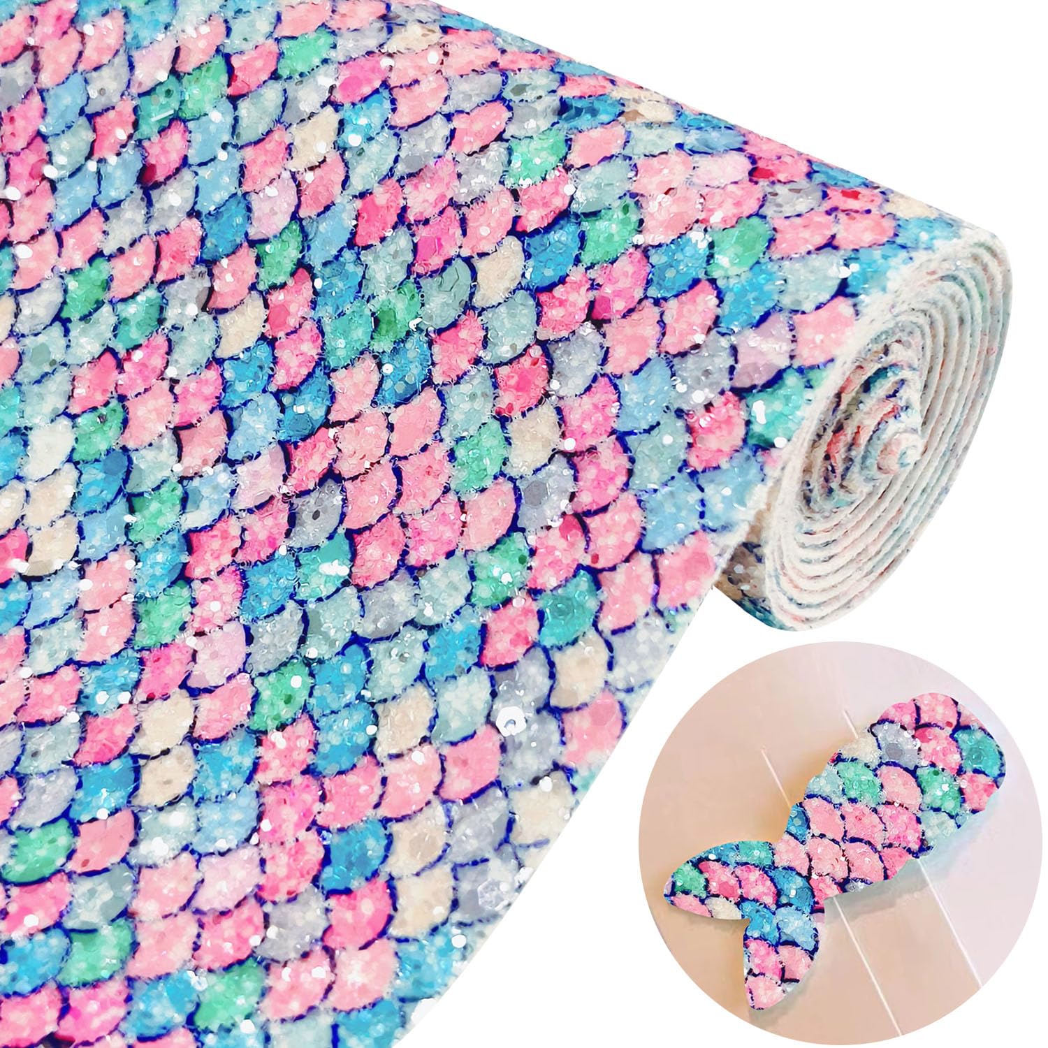 Greatdiy Sparkly Mermaid Chunky Glitter Faux Leather Roll 12 x 52 inch Shiny Synthetic Leatherette Fabric for Making DIY Bows Crafts (24008#16)