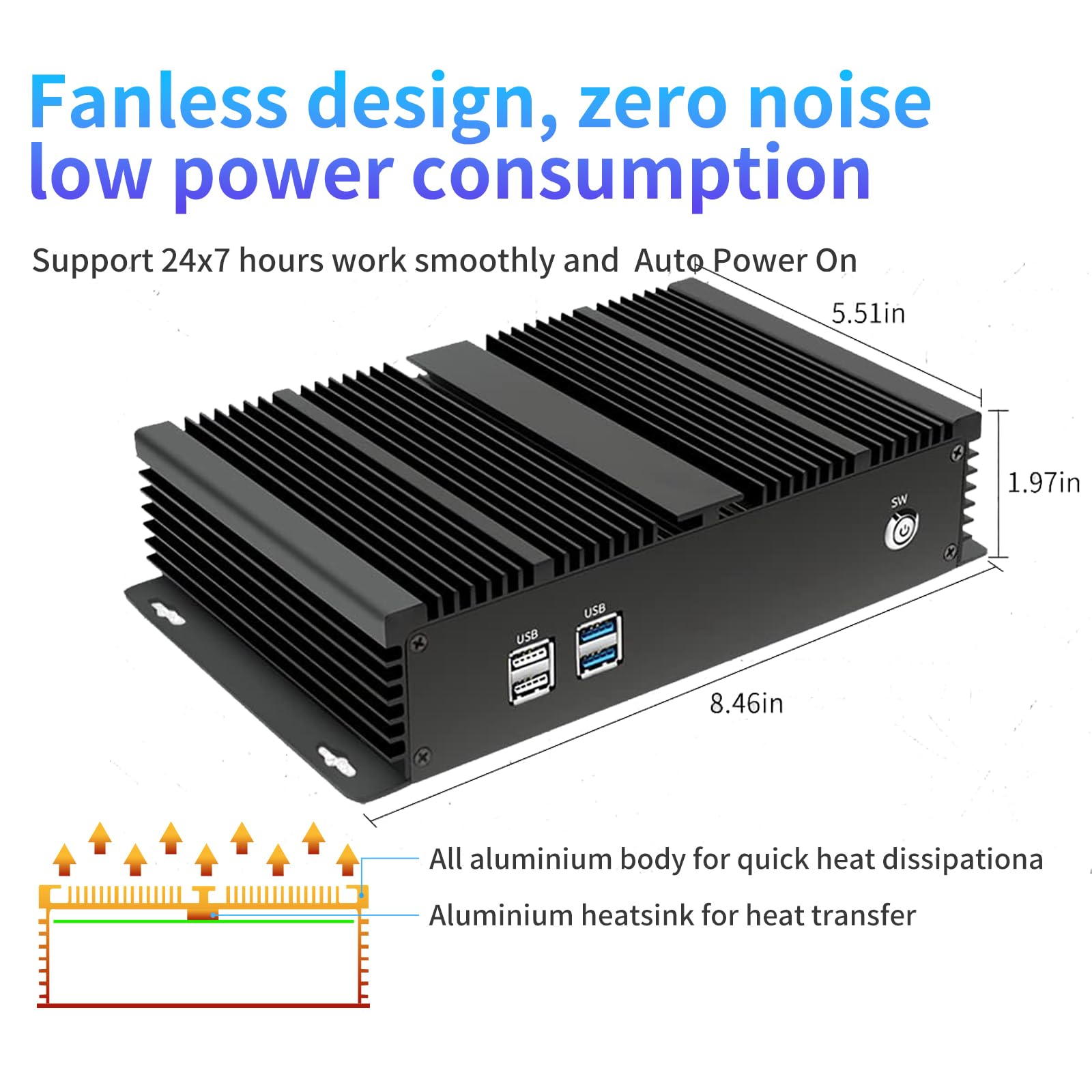 Kinupute Fanless Mini PC, Industrial Desktop Computer Core i3-5005U 2.0GHz, Windows 10 Pro, 8GB RAM, 128GB SSD, 2xNICs, 2xCOM RS232, 4xUSB 3.0, HDMI/VGA Ports, Support Auto Power On