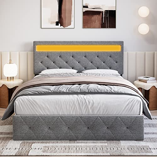 Homhougo Full Bed Frame with LED Lights Headboard, LED Bed Frame with Fast-Charging USB Port, Upholstered Platform Bed Frame, No Box Spring Needed, Easy Assembly, Grey