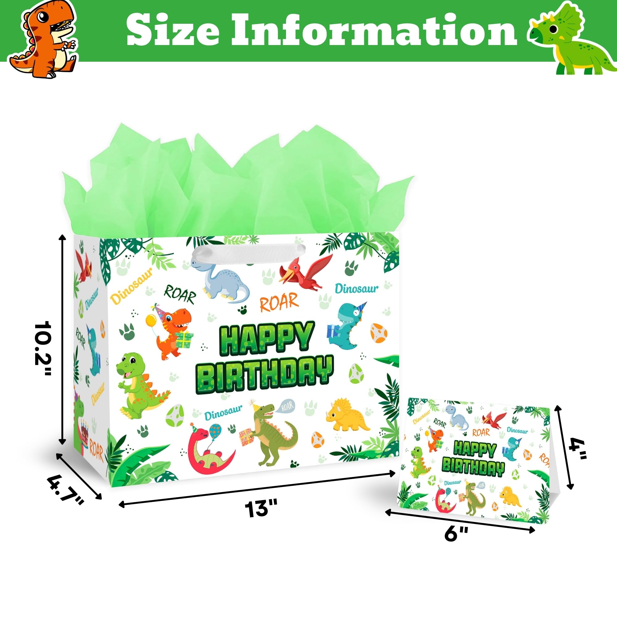 Generic Large 13"" Dinosaur Birthday Gift Bag with Handles, Card, and Tissue Paper for Boys