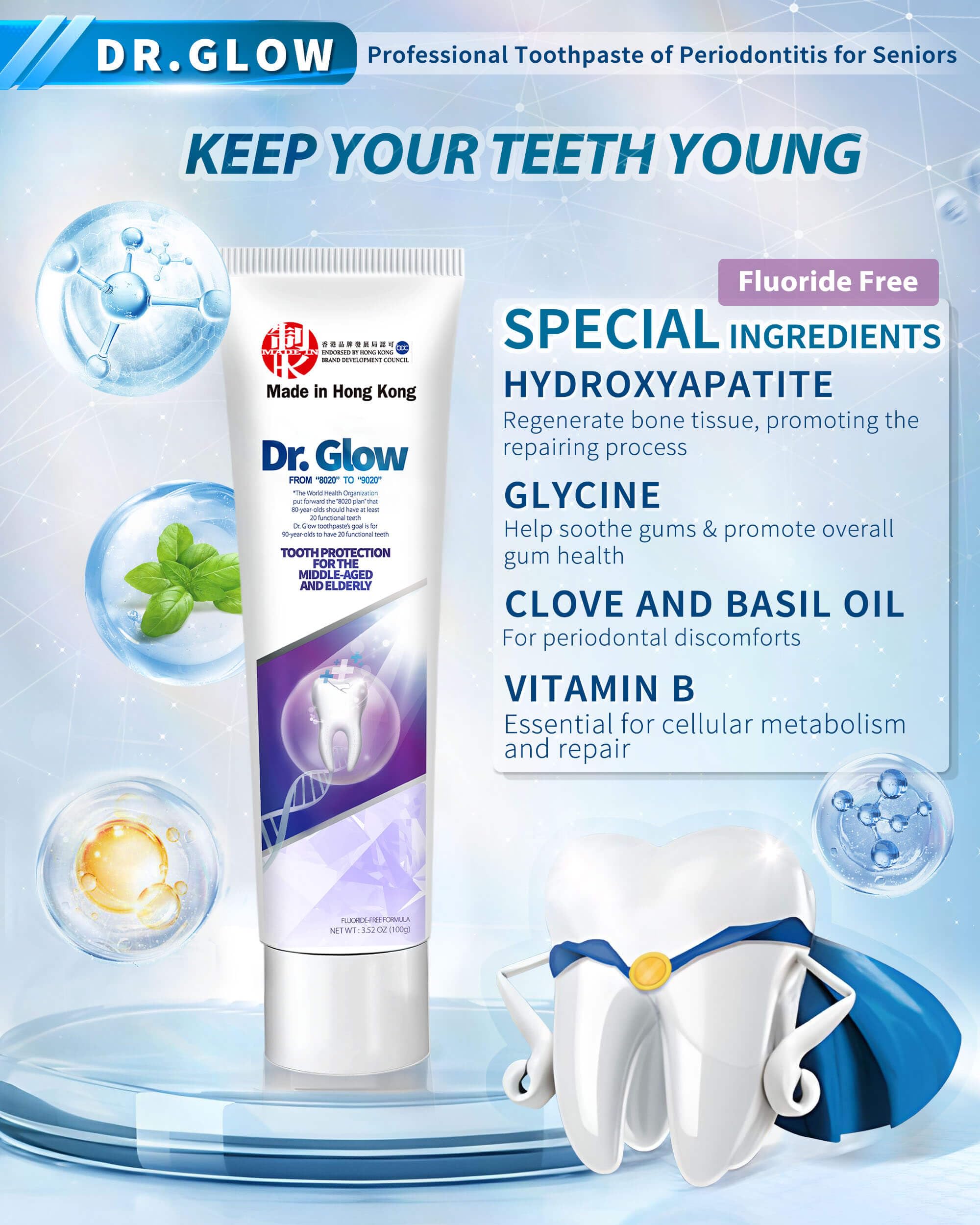 Dr. Glow Gingivitis Treatment Toothpaste for Elderly & Mid-Aged, Gum Repair for Receding Gums Hydroxyapatite Toothpaste, Periodontal Disease Treatment for Seniors, Fluoride Free Gum Disease Treatment