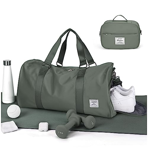 Gym Bag for Men Women,Small Fitness Workout Sports Duffle Bag with Wet Pocket & Shoes Compartment, Waterproof Overnight Weekender Duffel Bags for Traveling Dark Green