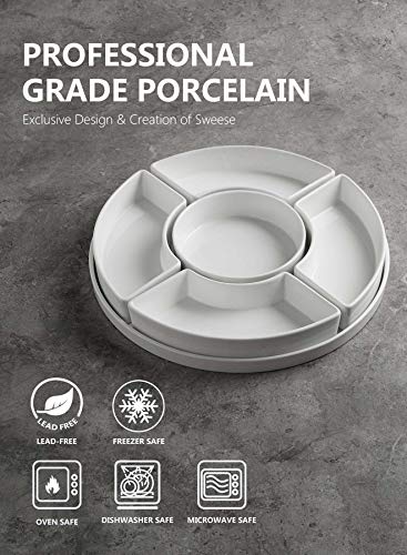 Sweese 707.001 Porcelain Divided Serving Dishes, Relish Tray, Serving Bowls for Parties - Perfect for Chips and Dip, Veggies, Candy and Snacks, White