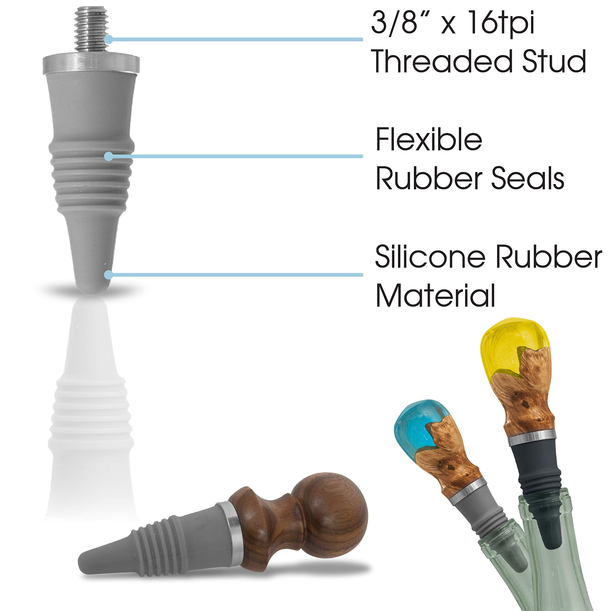 Deluxe Bottle Stopper Turning Kit with 2 Silicone Stoppers 3 Classic Chrome Stoppers 19/64 inch Drill Bit 1 inch 8 tpi Chuck and Ratcheting Handle with 3/8 inch Tap