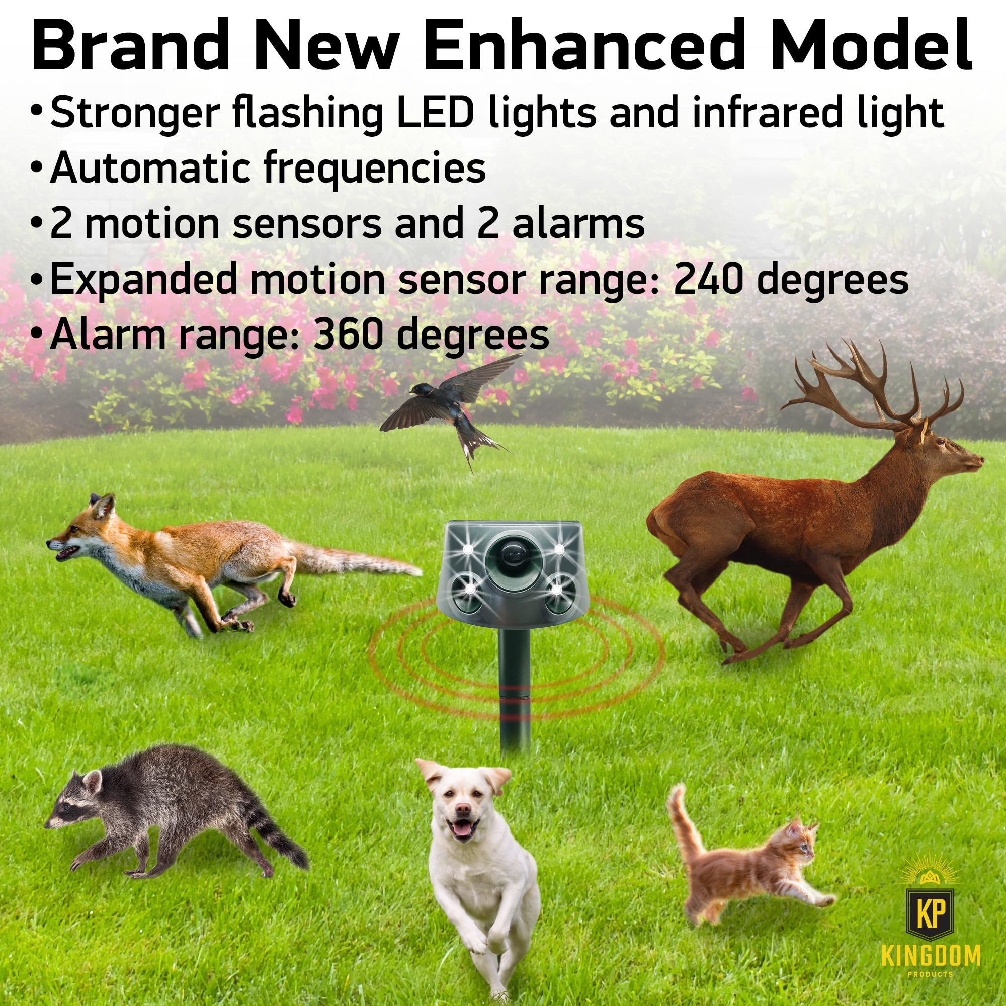 Fall 2024 Animal Repellent Outdoor with Automatic Frequencies, 2 Motion Detectors, 2 Alarms, 8 Stronger LED Lights and USB Cable - Solar Animal Repeller with Expanded Detection Range 360°
