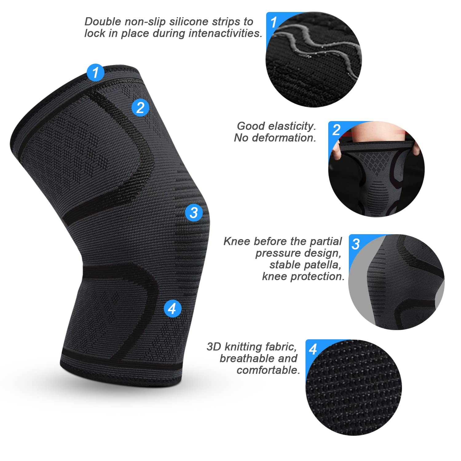 CosySun 2 Pack Knee Brace Knee Compression Sleeve Support for Men Women Knee Pads for Running Hiking Meniscus Tear ACL Arthritis Joint Pain Relief L Black