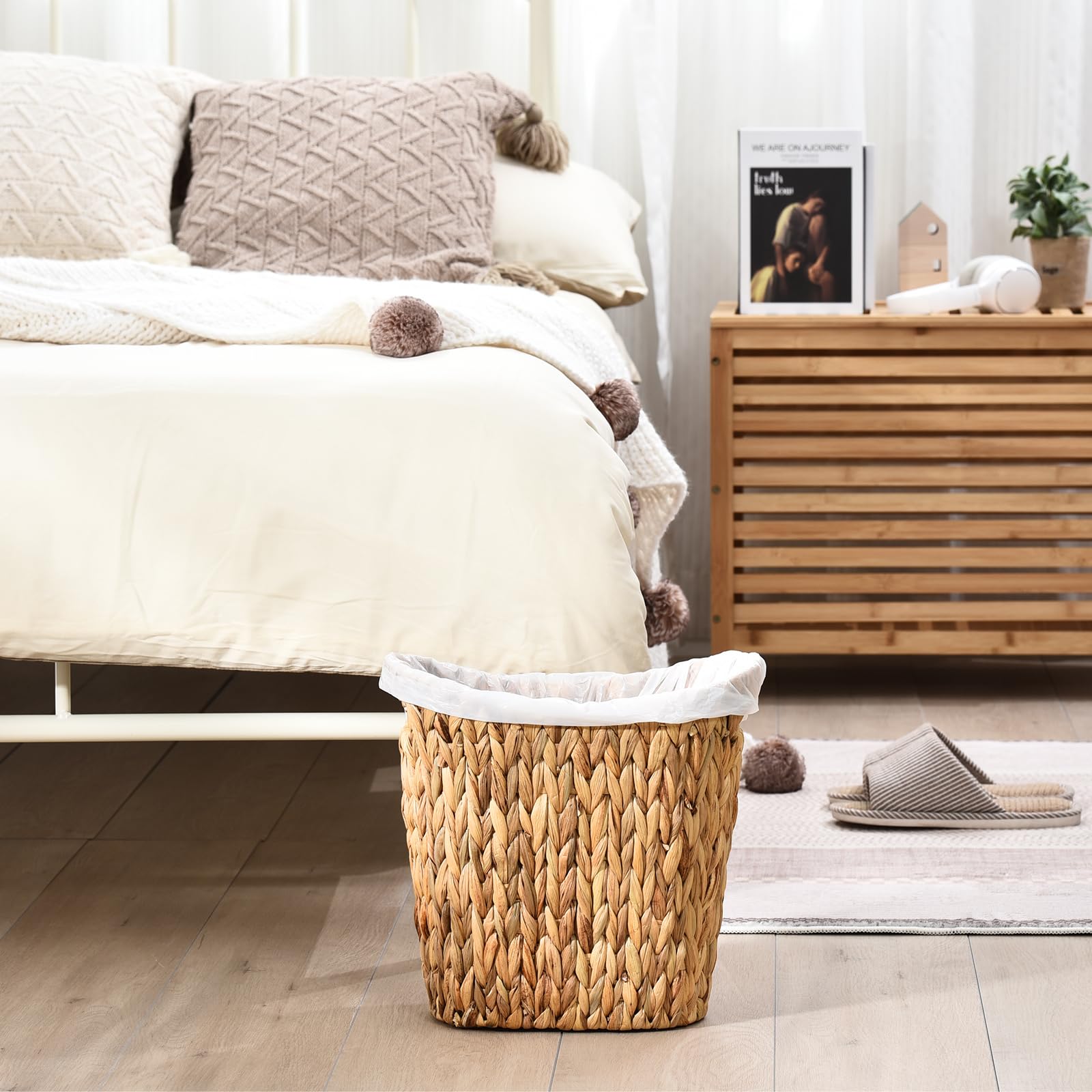 FairyHaus Wicker Trash Can with Handles, Natural Water Hyacinth Wicker Waste Basket, Handwoven Wicker Trash Basket for Bathroom Bedrooms, 13" L x 7.5" W x 12.2" H