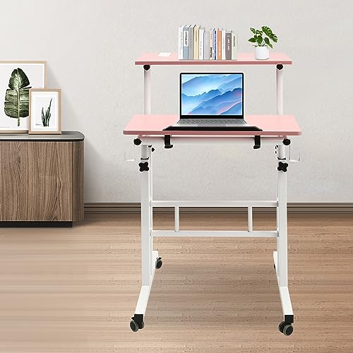 LULUGOGOTOP 24" Mobile Stand Up Desk,Small Adjustable Standing Desk w/Wheels,Portable Home Office Computer Workstation w/2 USB,Rolling Desk Laptop Cart for Standing or Sitting (Pink)