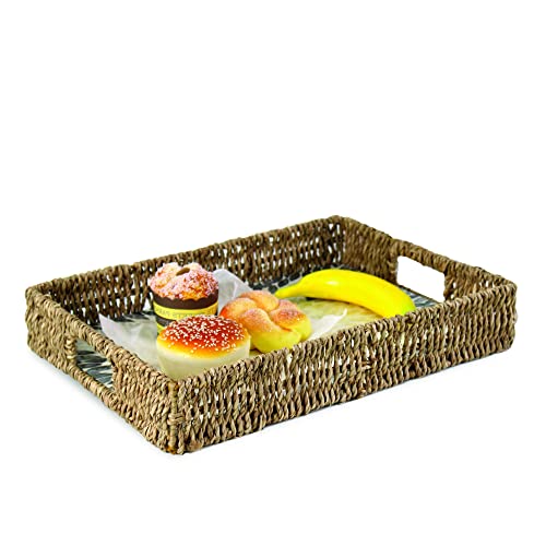 MadeTerra Rectangular Seagrass Tray with Mother of Pearl Inlay Wooden Base Insert Handle, Decorative Nacre Serving Basket for Food, Coffee Table Decor, Decoration, Storage and Display…