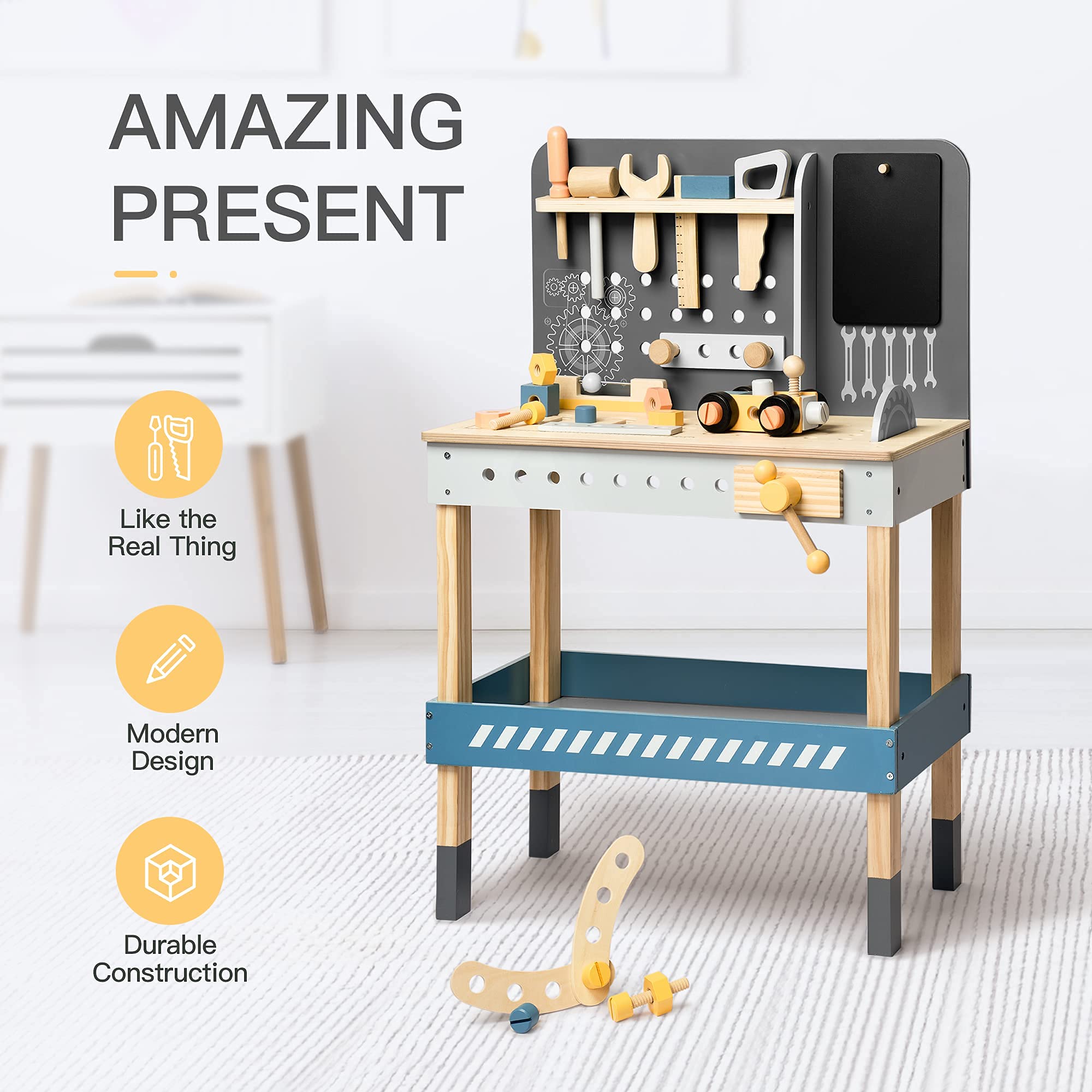 ROBUD Tool Bench Set for Toddlers Wooden Workbench Toy Workshop Construction Tools Bench Creative Pretend Play Toys Education Gift for Kid Boys Girls