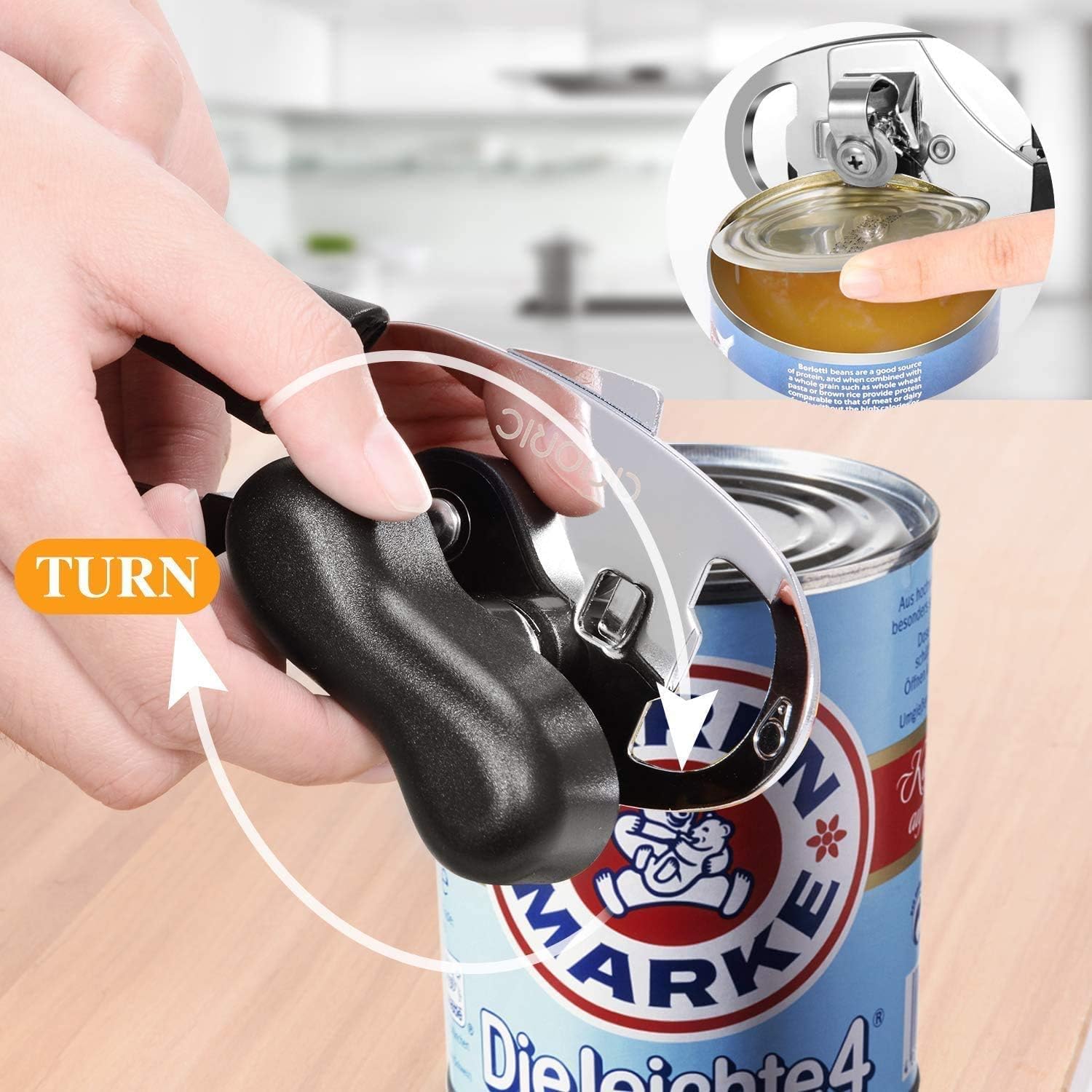 Can Opener Manual, 4-in-1 Can Opener Kitchen Durable Stainless Steel Heavy Duty Can Openers with Anti-slip Hand Grip Ultra Sharp & Smooth Edge