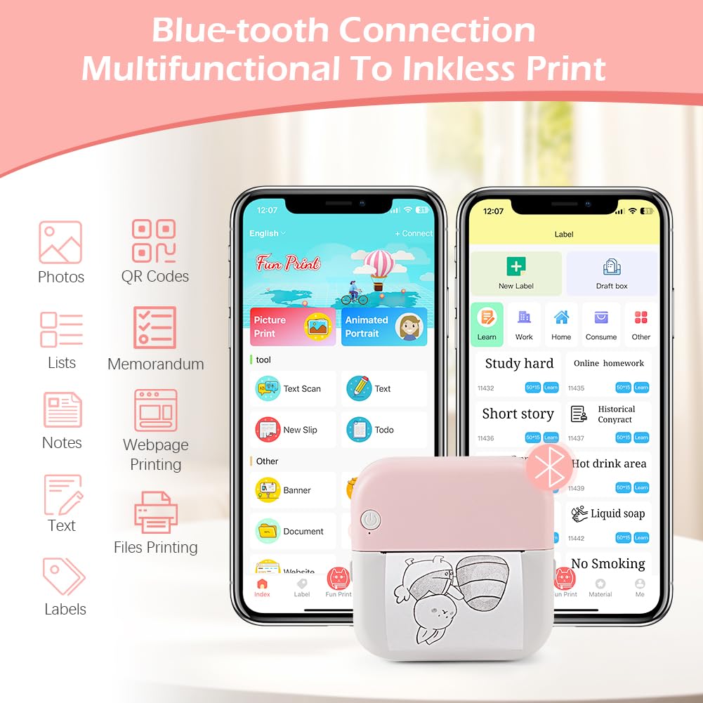 Grednfhat Mini Sticker Printer, Bluetooth Smart Pocket Inkless Thermal Printer with 13 Roll Papers, Portable Mini Printer for Photos Notes Stickers Labels Receipts (Pink)