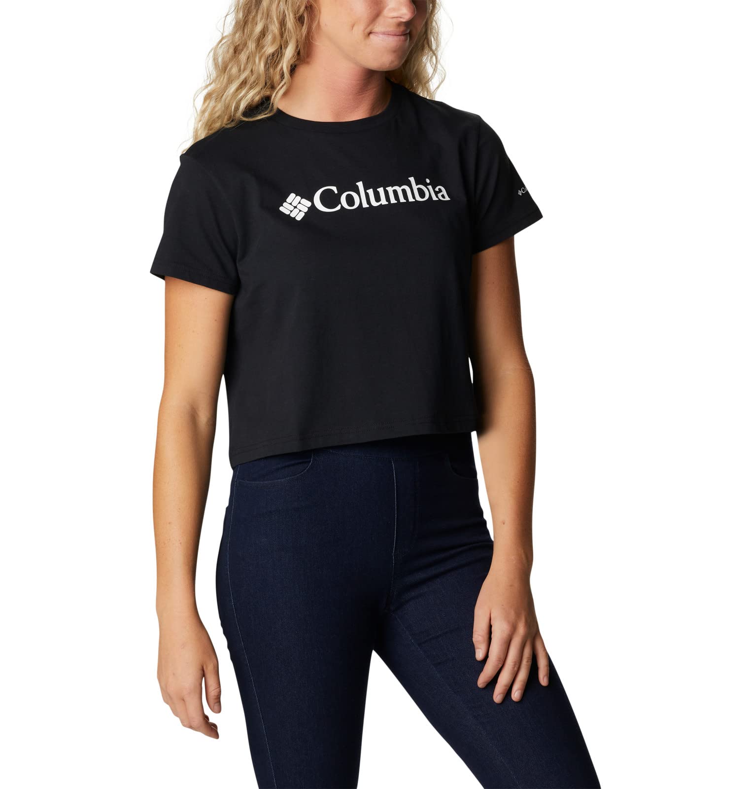 Columbia Women's North Cascades Cropped Tee, Black/Framed Halftone Logo Graphic, Medium