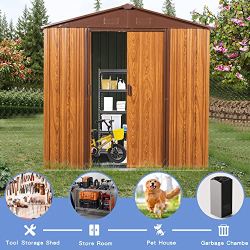 SUNDALY 6 x 6 FT Wood Look Outdoor Storage Shed with Lockable Door, Waterproof Galvanized Steel Garden Tool Storage Shed with Floor Frame for Backyard Patio Lawn