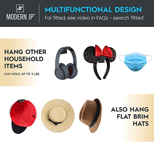 Modern JP Metal Adhesive Hat Hooks for Wall (12-Pack) - Optional Screws Included, Minimalist Hat Rack for Wall, Strong Hold Hat Hangers for Wall - Stainless Steel, Chrome Black