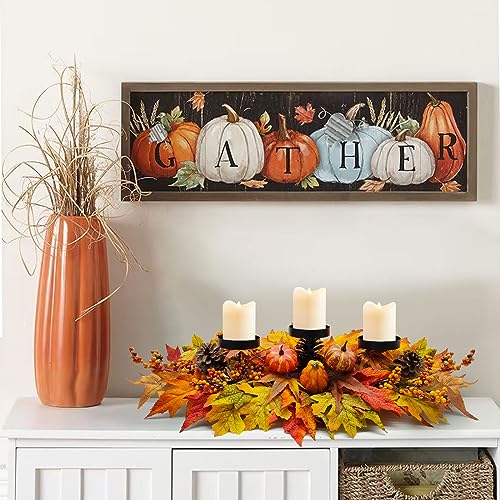 Thanksgiving Centerpiece Fall Table Decorations, Artificial Gourd, Pumpkins, Pine Cones, Maple Leaves and Berries Harvest Table Candle Holder for Dinning Table, Fireplace Mantel (Candle Not Included)