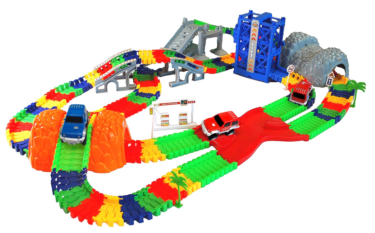 MMP Living Super Snap Speedway - Deluxe Bend and Flex Track Set with 3 Electric Cars, Tunnels, Bridge, Elevator, ramp, Track Merge and Accessories - Over 300 Pieces