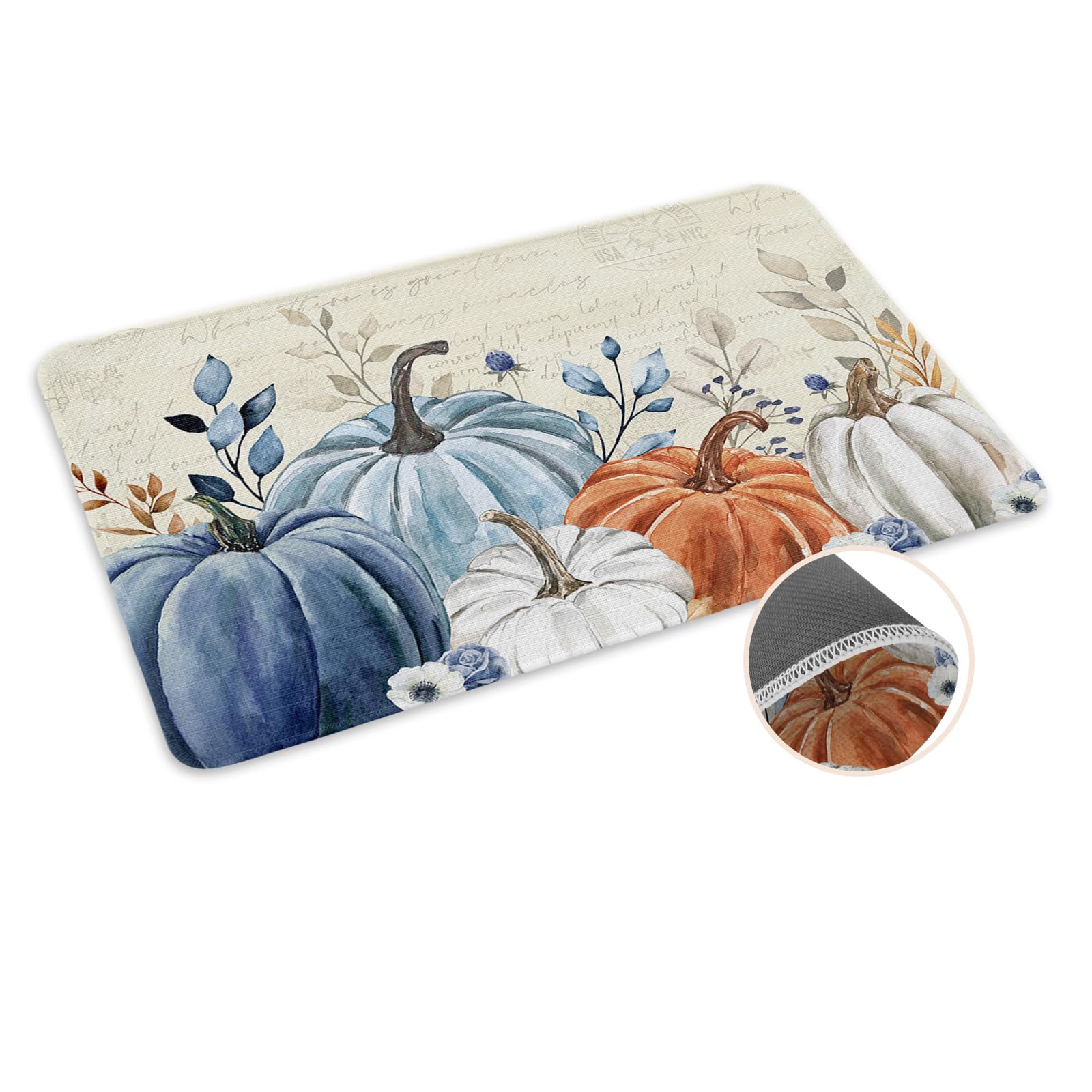 Fall Doormat Blue Pumpkin Welcome Mat Entrance Floor Mat Flower Leaves Vintage Seasonal Autumn Harvest Thanksgiving Door Mat Indoor Outdoor Entrance Floor Mat Non Slip Rubber Mat 20 x 32 inch