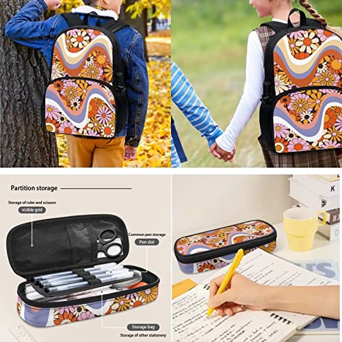FUIBENG 4 Pcs Backpack for School,Abstract Hippie Groovy Flower Bookbag+Neoprene Insulated Water Bottle Holder With Adjust Strap Lunch Box +Pen Case Boys Girls Back to School Gift