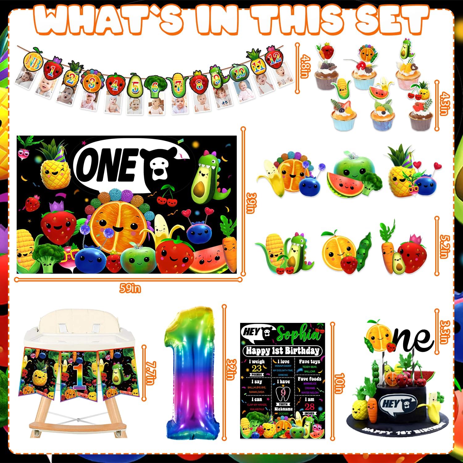 Generic 124pcs Fruit 1st Birthday Decorations, Dancing Fruit 1st Birthday Decorations Fruit Party Decorations Swirls Banner cupcake topper Backdrop Fruit Balloons Arch Set for Baby