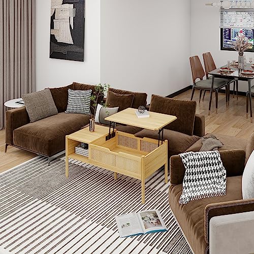 Modern Natural Bamboo and Rattan Table, Lift Coffee Table. Adjustable Storage Rack Living Room