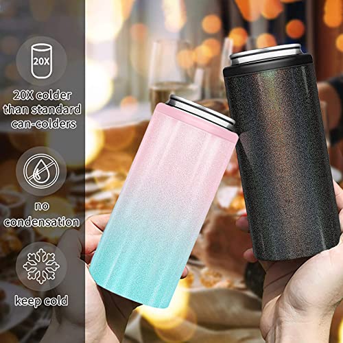 Fanfeigo Slim Can Cooler for Skinny Beer Beverage Stainless Steel Double Wall Vacuum Insulated Drink Holder for 12 oz Regular or Slim Cans & Bottles Cooler (Shiny Pink-Blue)