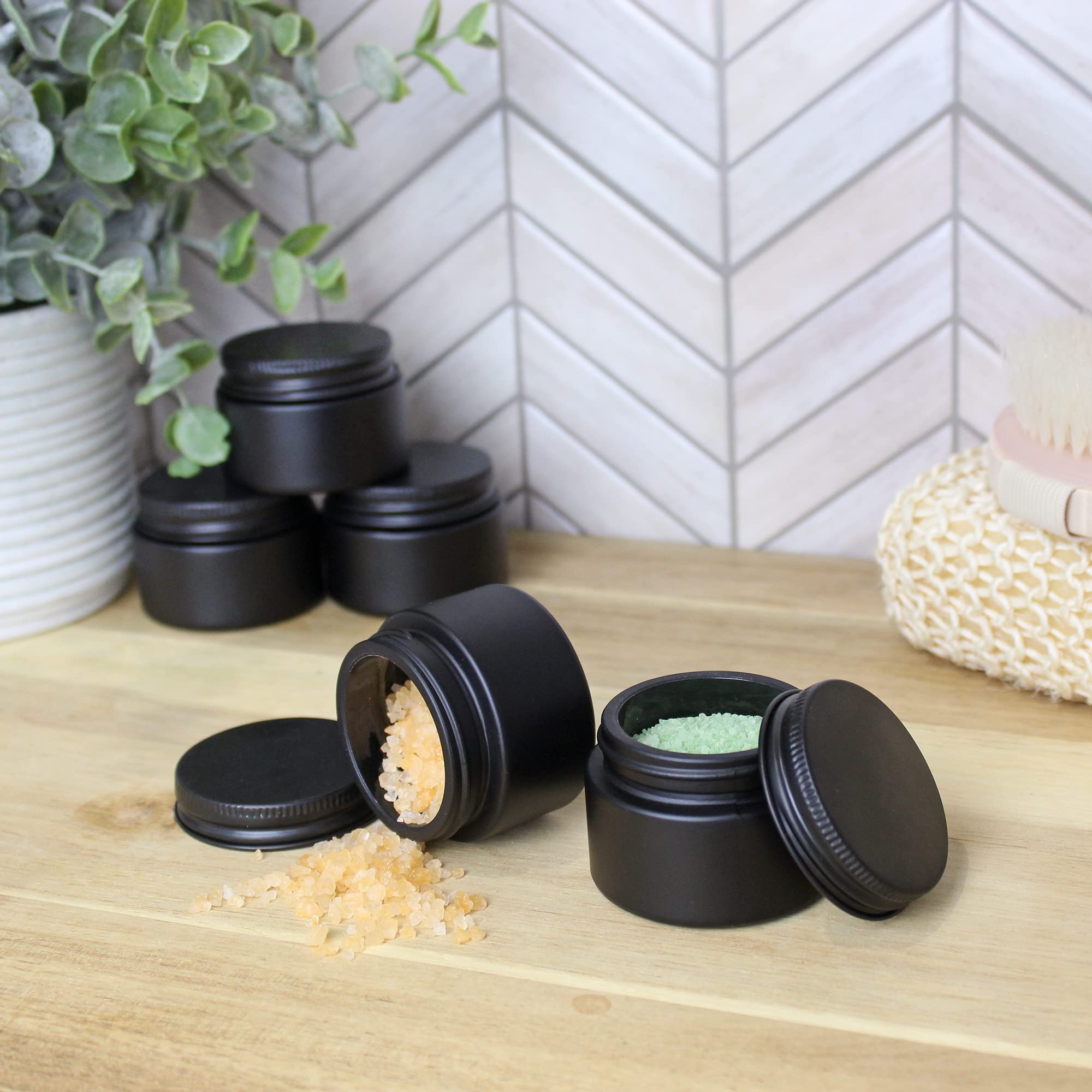 Darware 15-Milliliter Glass Balm Jars (24-Pack, Black); 1/2 oz Tiny Cosmetic Jars with Lined Black Metal Lids