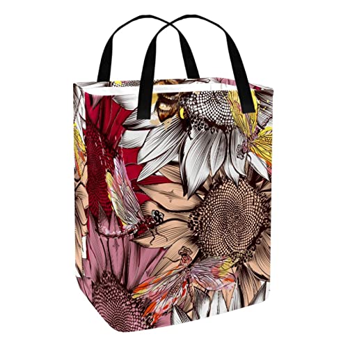 Dragonflies and Bee on Sunflower Print Collapsible Laundry Hamper, 60L Waterproof Laundry Baskets Washing Bin Clothes Toys Storage for Dorm Bathroom Bedroom