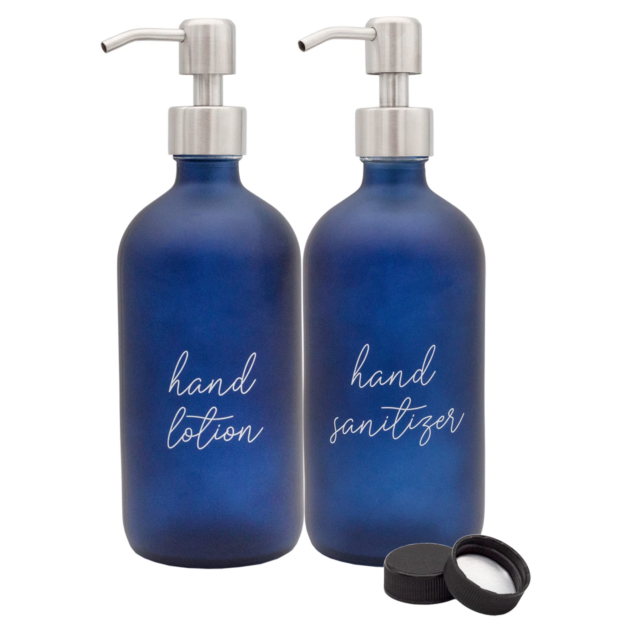 Darware Black Lotion/Sanitizer Pump Bottles (Set of 2, Black); Glass Pump Dispenser Bottles for Hand Care, Pre-Labeled