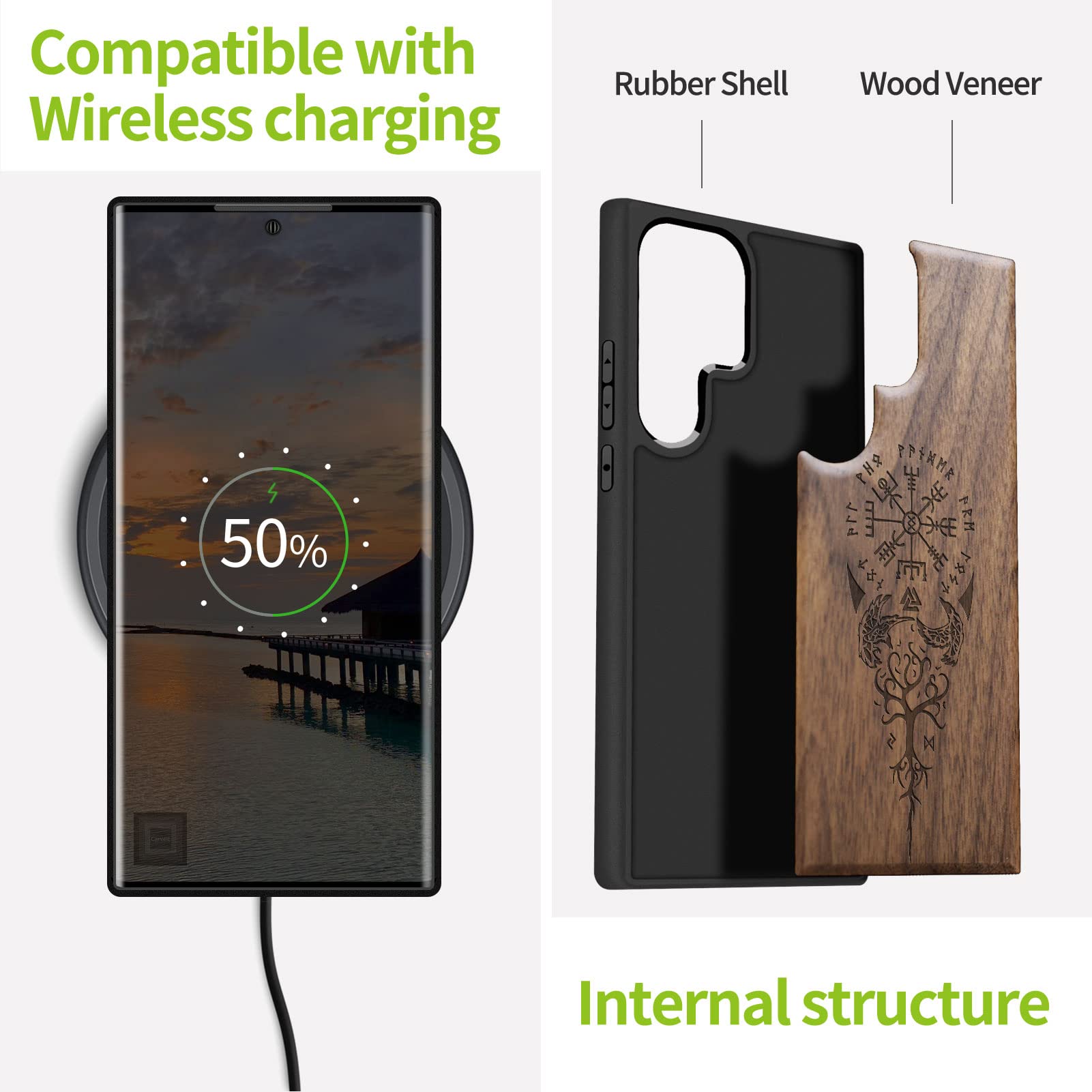 Carveit Wood Case for Galaxy S23 Ultra Case 2023 [Natural Wood & Black Soft TPU] Shockproof Protective Cover Unique & Classy Wooden Case Compatible with Samsung S23 Ultra (Viking Compass-Walnut)