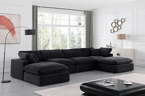 Meridian Furniture 189Black-Sec6B Comfy Collection Modern | Contemporary Upholstered Modular Sectional, Soft Black Velvet, Down Feather Cushions, 158" W x 79" D x 34.5" H, Black