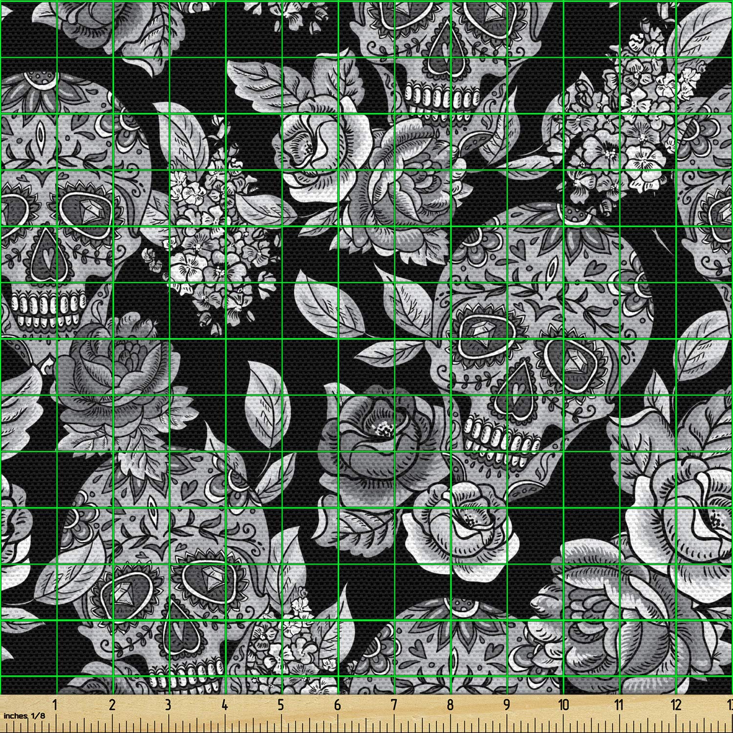 Lunarable Gothic Fabric by The Yard, Composition of Skeleton Skull Heads and Flowers Dark and Scary Details, Decorative Fabric for Upholstery and Home Accents, 1 Yard, Grey Charcoal