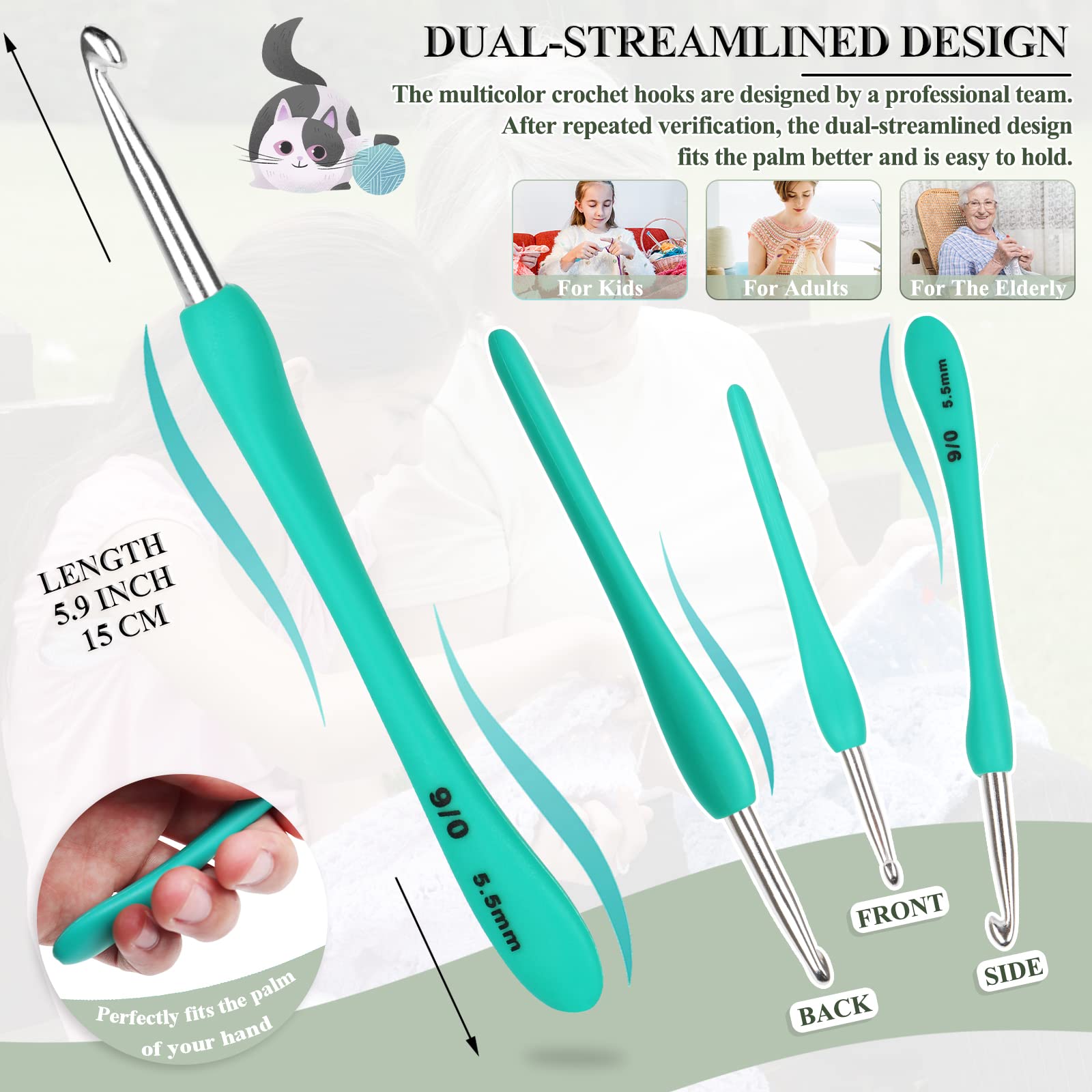 Coopay Crochet Hooks Ergonomic Soft Grip Dual-streamlined Handle Crochet Hook Set for Arthritic Hands, 9PCS Aluminum Crochet Needles for Crochet Yarn, Crochet Kit Beginners Knitting Crochet Supplies