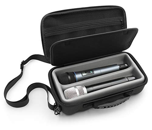 CASEMATIX Wireless Microphone Case Compatible with Two Wireless Mic System Microphones Up To 10.5" by Sennheiser, Shure and More - Sleek Mic Case For Travel with Lid Storage for Singing or Karaoke