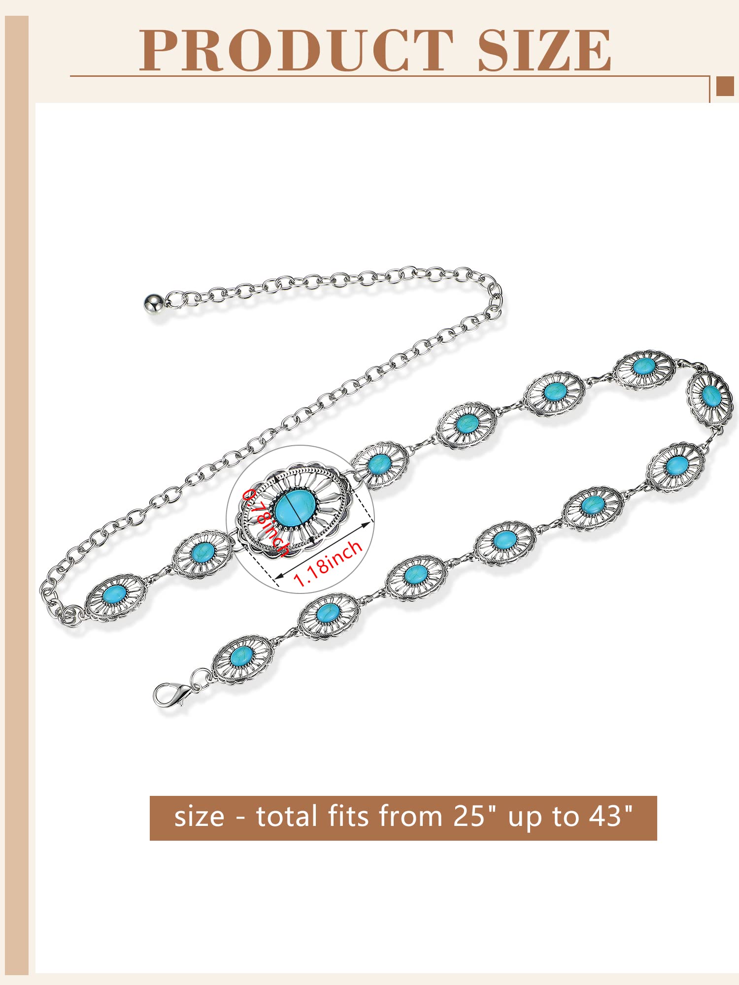 Coume Turquoise Concho Chain Belt Waist Belts for Women for Dresses Metal Belt