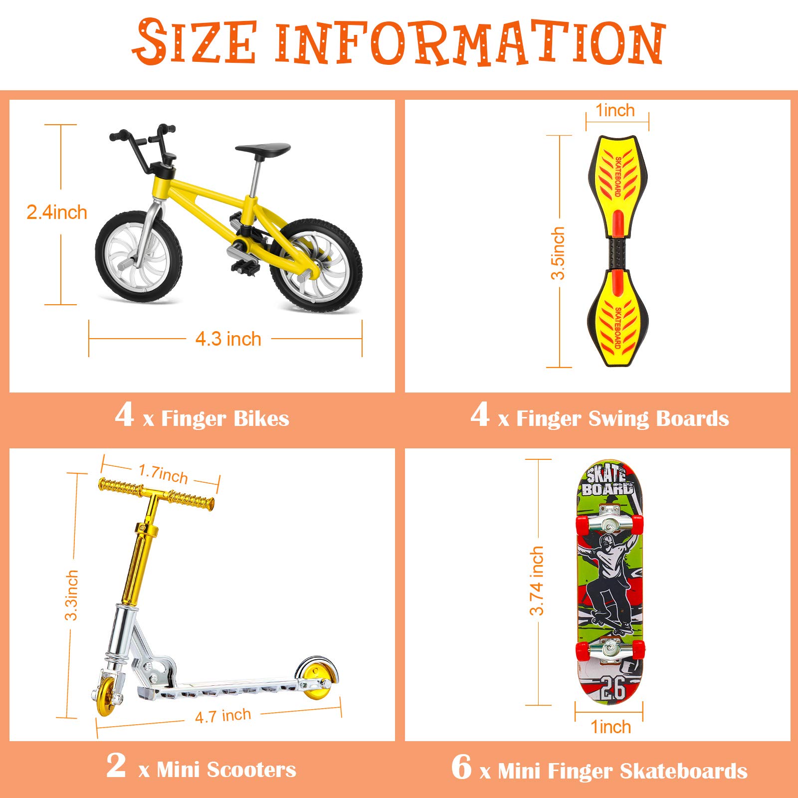 Skylety 31 Pieces Mini Finger Toys Set for Boy Girl Includes 6 Finger Skateboards, 4 Finger Bikes, 2 Mini Scooters 4 Swing Board 8 Matched Wheels 7 Tool Accessories Educational Toy Party Favor (Cool)