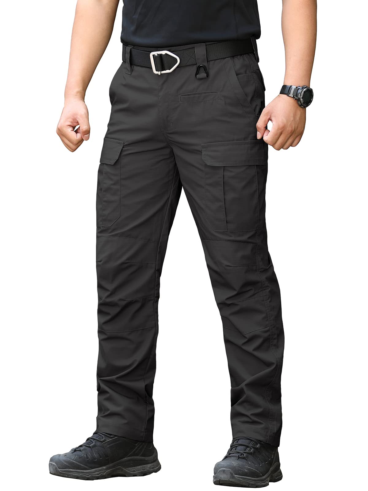 CARWORNIC Men's Ripstop Tactical Pants Waterproof Lightweight Work Pants EDC Army Uniform Combat Military Pants Multi Pocket Relaxed Fit Cargo Pants Casual Outdoor Hiking Trousers Black