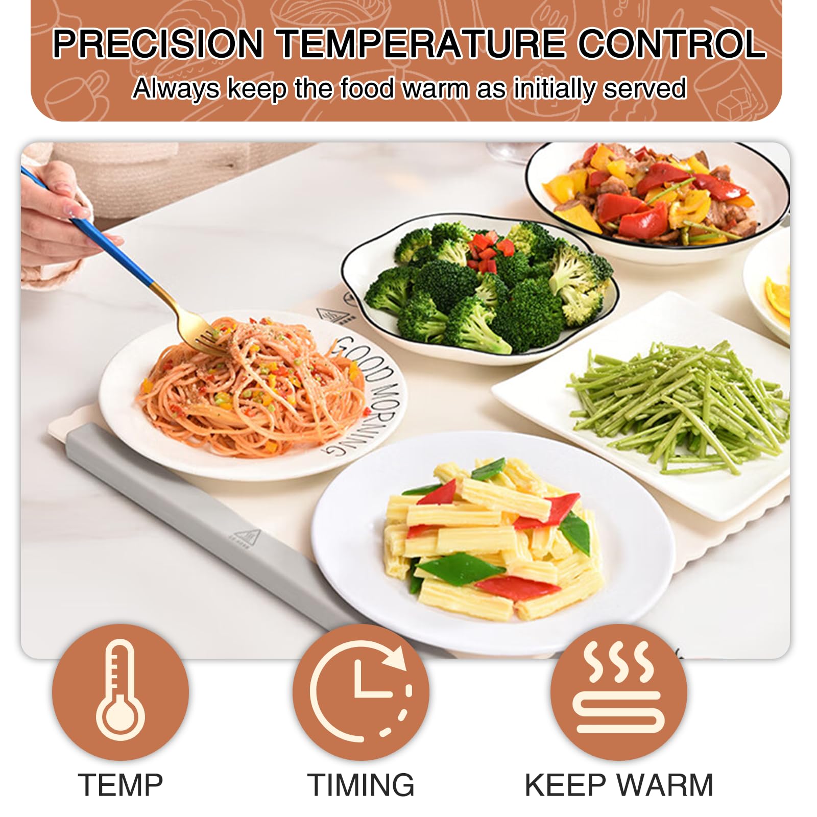 Electric Food Warmer 250W Full Surface Fast Heating Electric Warming Tray with 5 Temperature & 4 Timer Settings, Rolled Up, Premium Silicone Nano-Material for Gathering Parties Travel with UL FCC