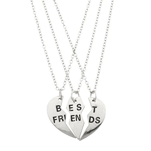 LUX ACCESSORIES Best Friends BFF Forever Valentine Heart 3 PC Necklace Set (SILVER)