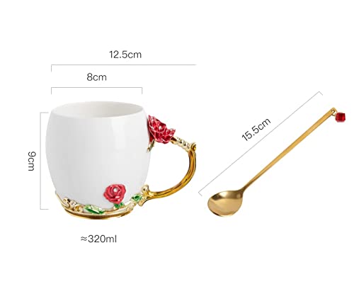 Ceramic Coffee Cup, 3D Flower Cup Tea Mug with Spoon,Enamel Rose Flower Mugs for Women ,Birthday Christmas Gifts