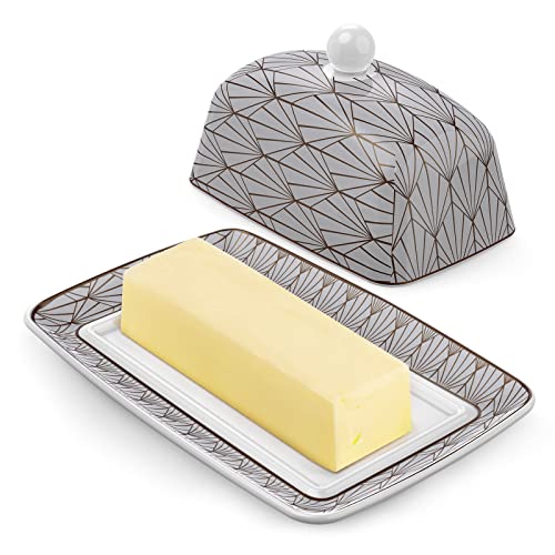 Porcelain Butter Dish With Lid, MEKY Butter Keeper With Handle Cover, Ceramic Butter Holder Container for Storing 1 Western Or Eastern Butter Stick